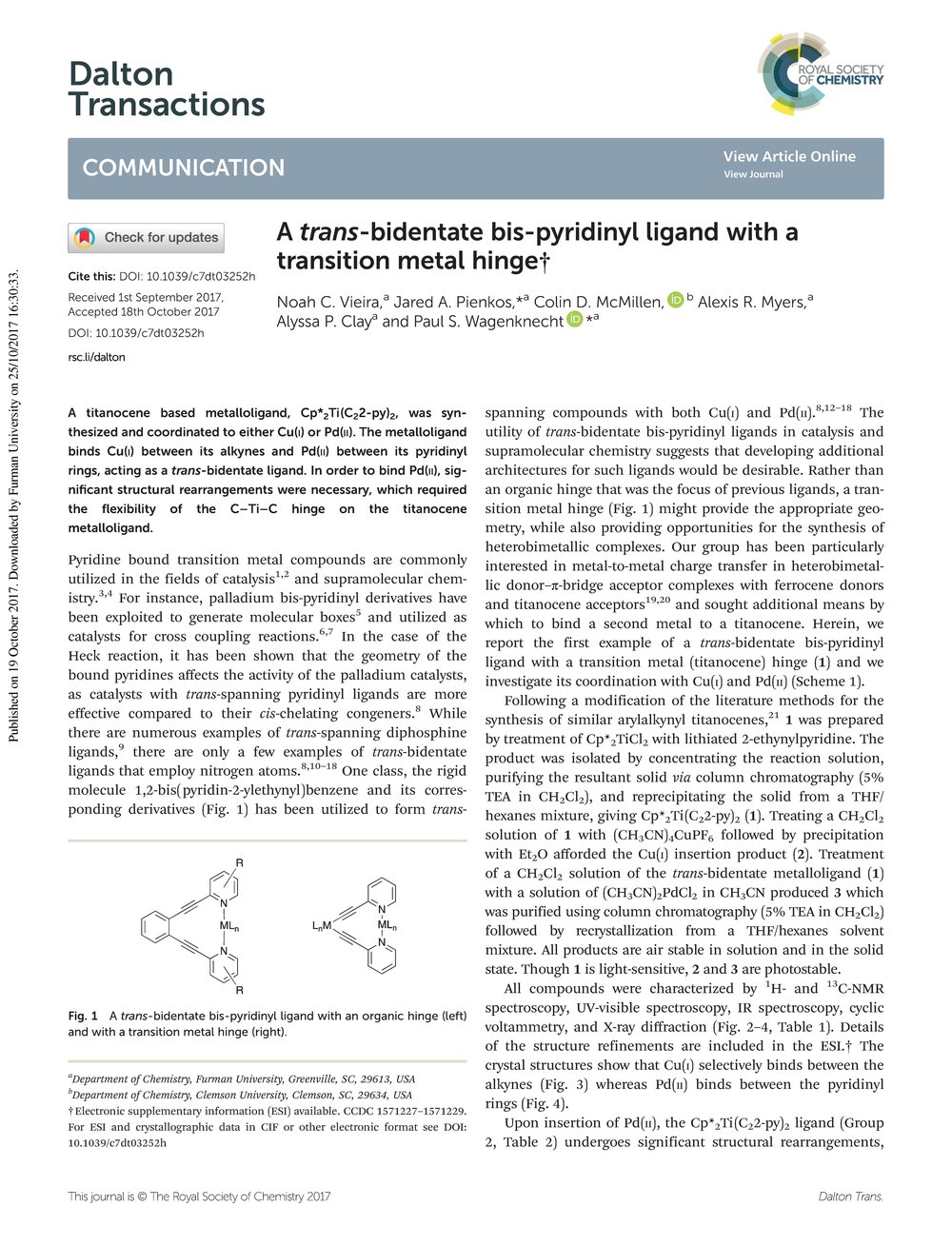 Beckman Scholar Noah Vieira Publishes: A trans-bidentate bis-pyridinyl ...