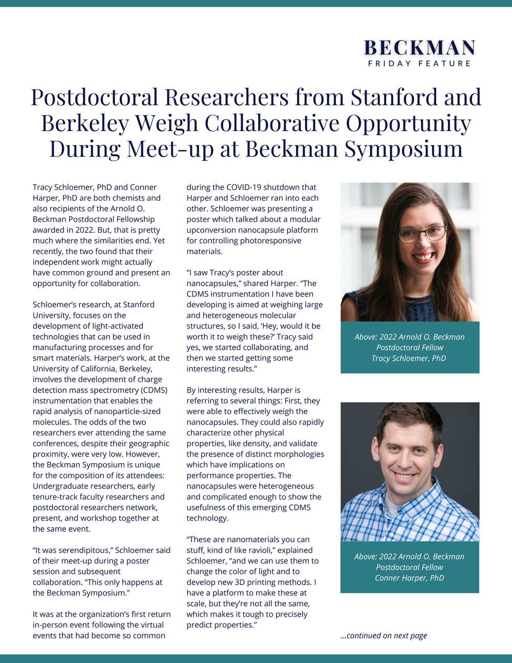 Beckman Friday Feature: Tracy Schloemer, PhD and Conner Harper, PhD ...